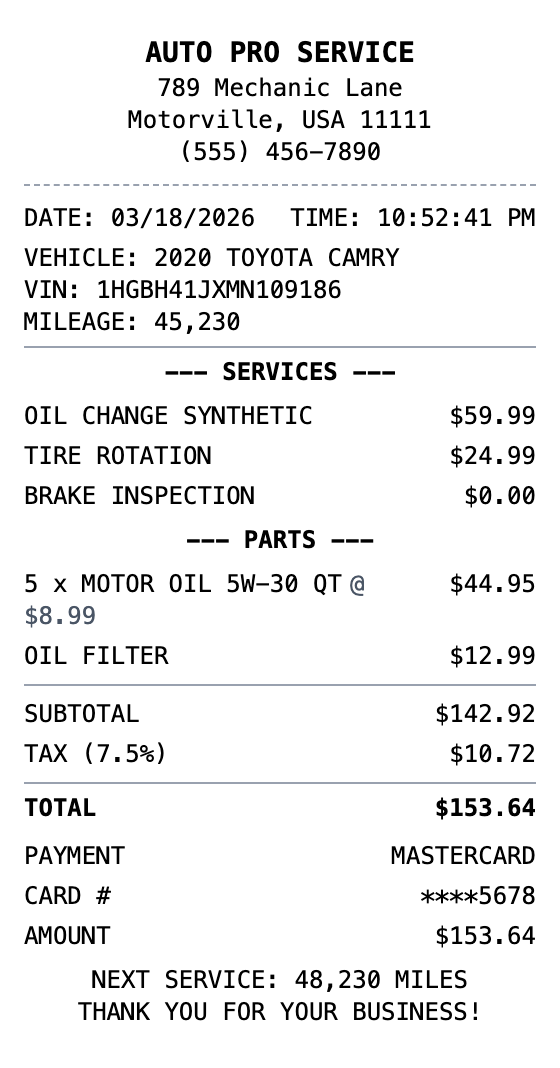 Auto Service Receipt Generator | MakeMyReceipt | MakeMyReceipt