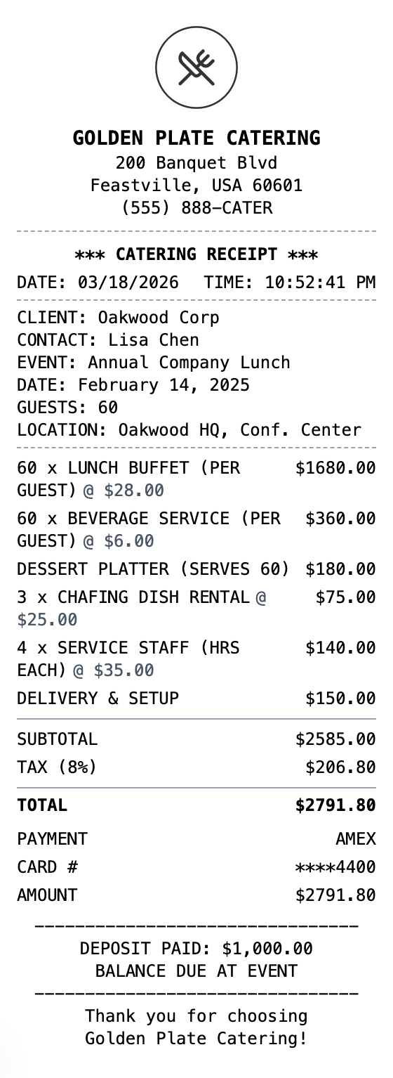 Catering Receipt Generator | MakeMyReceipt | MakeMyReceipt