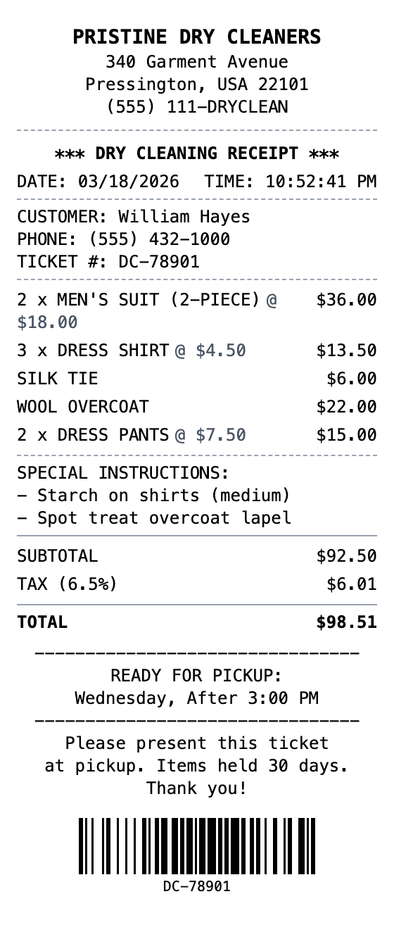 Dry Cleaning Receipt Generator | MakeMyReceipt | MakeMyReceipt