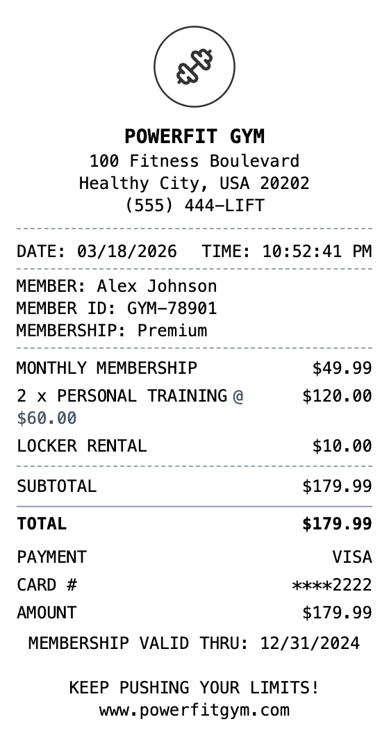 Gym Receipt Generator | MakeMyReceipt | MakeMyReceipt