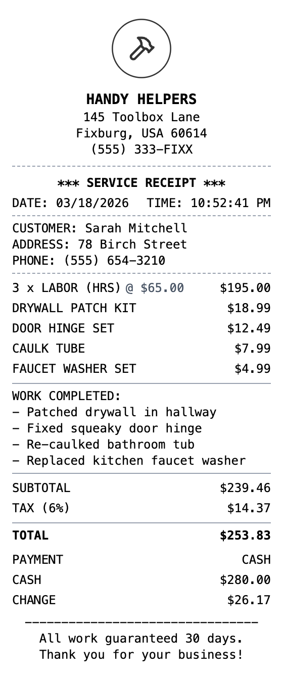 Handyman Receipt Generator | MakeMyReceipt | MakeMyReceipt