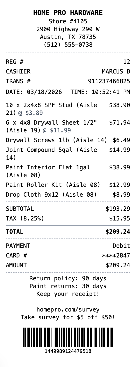 Home Improvement Receipt Generator | MakeMyReceipt | MakeMyReceipt