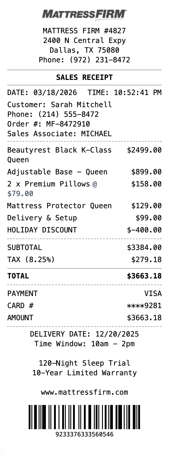 Mattress Firm Receipt Generator | MakeMyReceipt | MakeMyReceipt