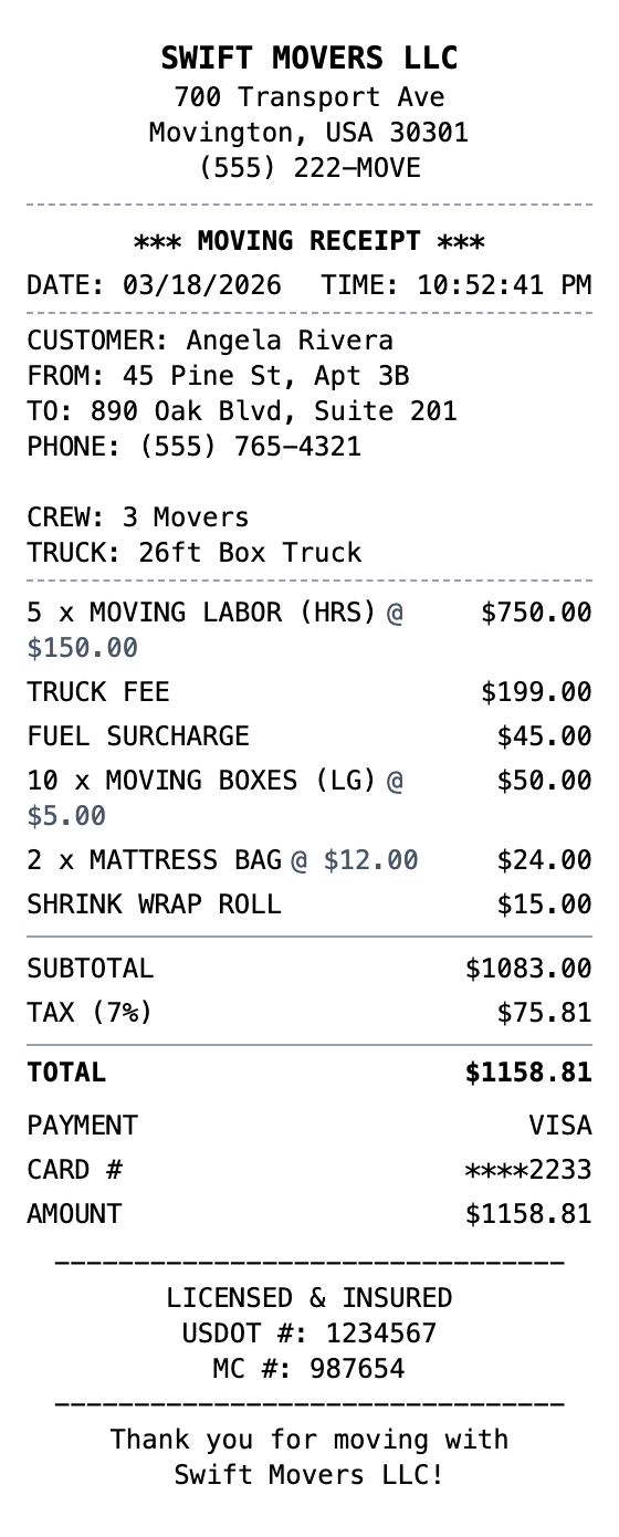 Moving Service Receipt Generator | MakeMyReceipt | MakeMyReceipt