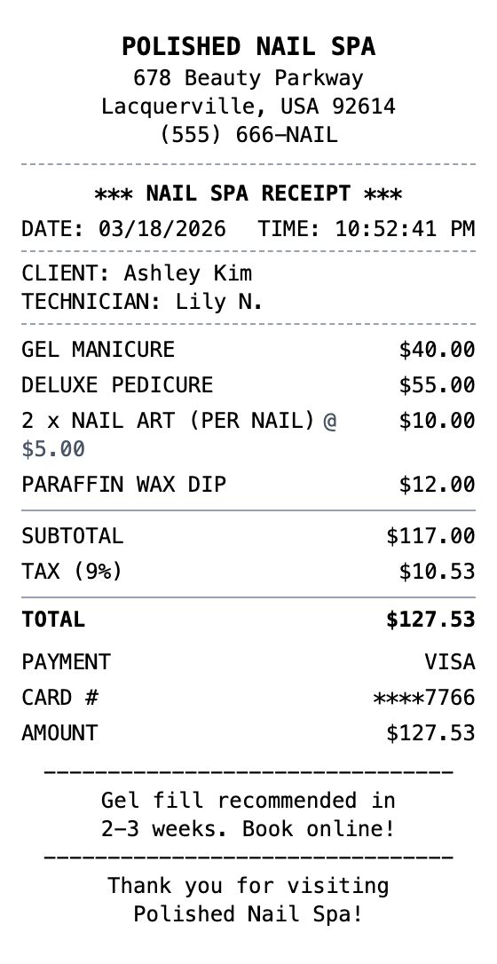 Nail Salon Receipt Generator | MakeMyReceipt | MakeMyReceipt