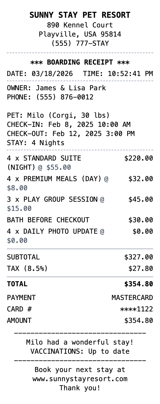 Pet Boarding Receipt Generator | MakeMyReceipt | MakeMyReceipt