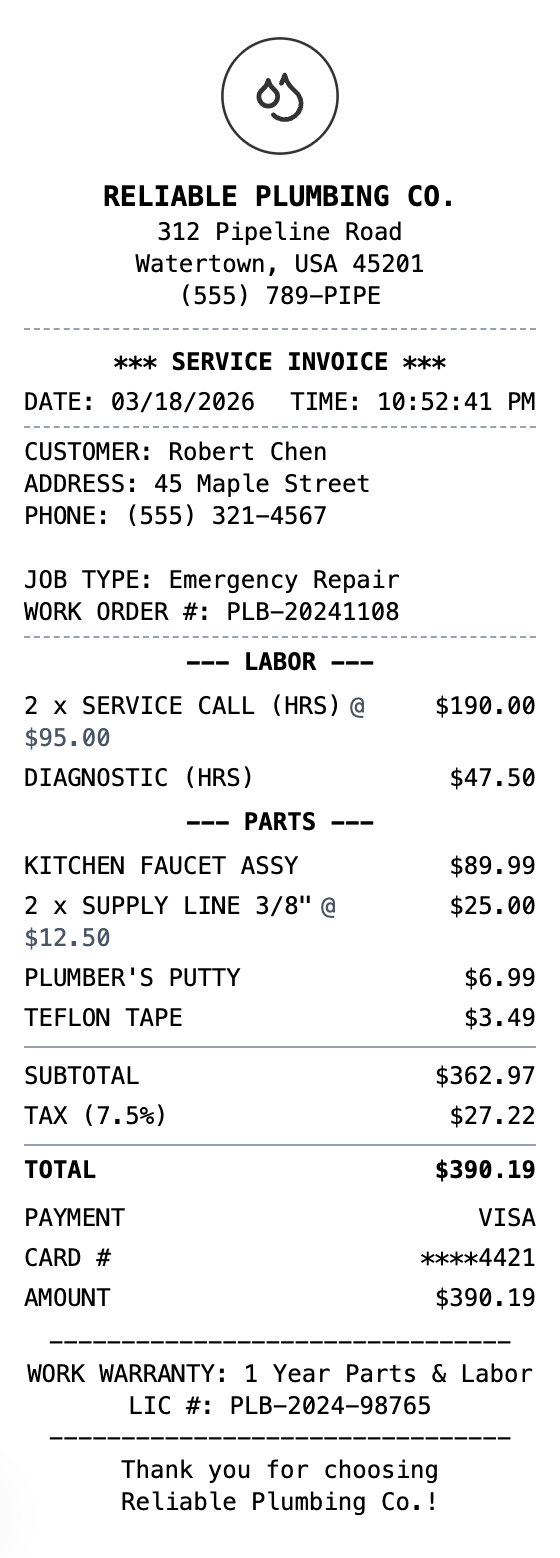 Plumber Receipt Generator | MakeMyReceipt | MakeMyReceipt