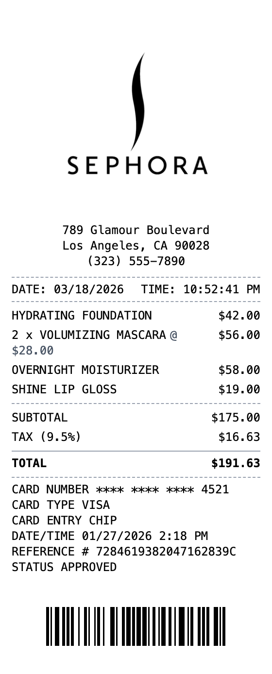 Sephora Receipt Generator | MakeMyReceipt | MakeMyReceipt