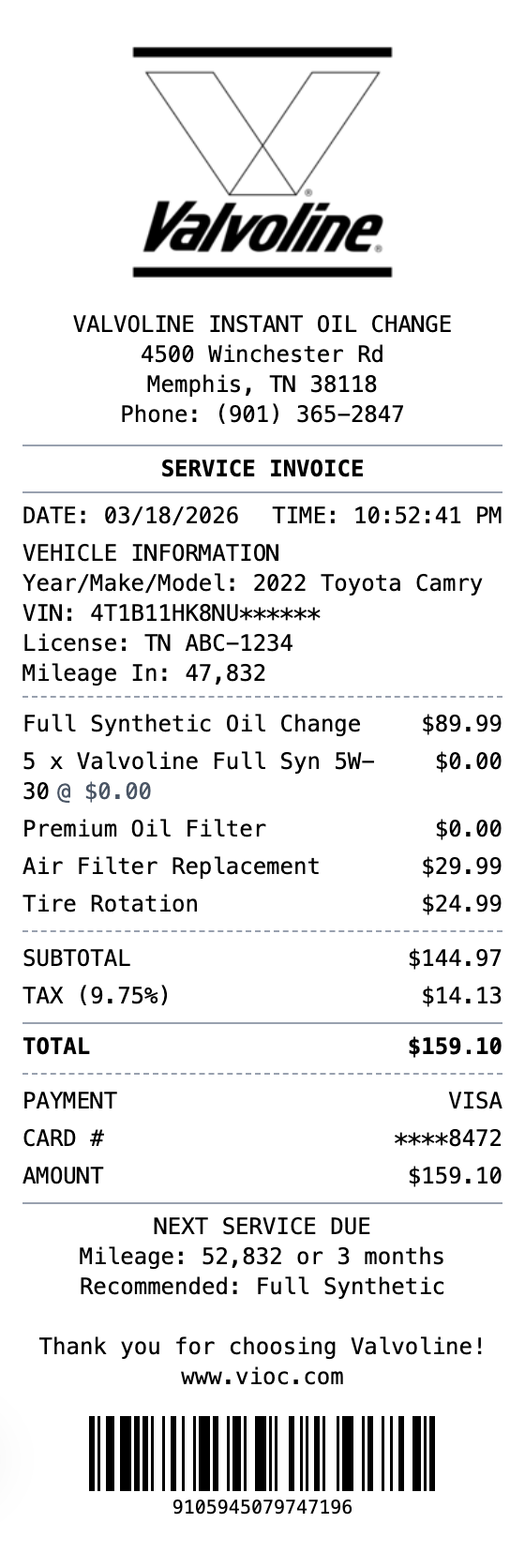 Valvoline Receipt Generator | MakeMyReceipt | MakeMyReceipt